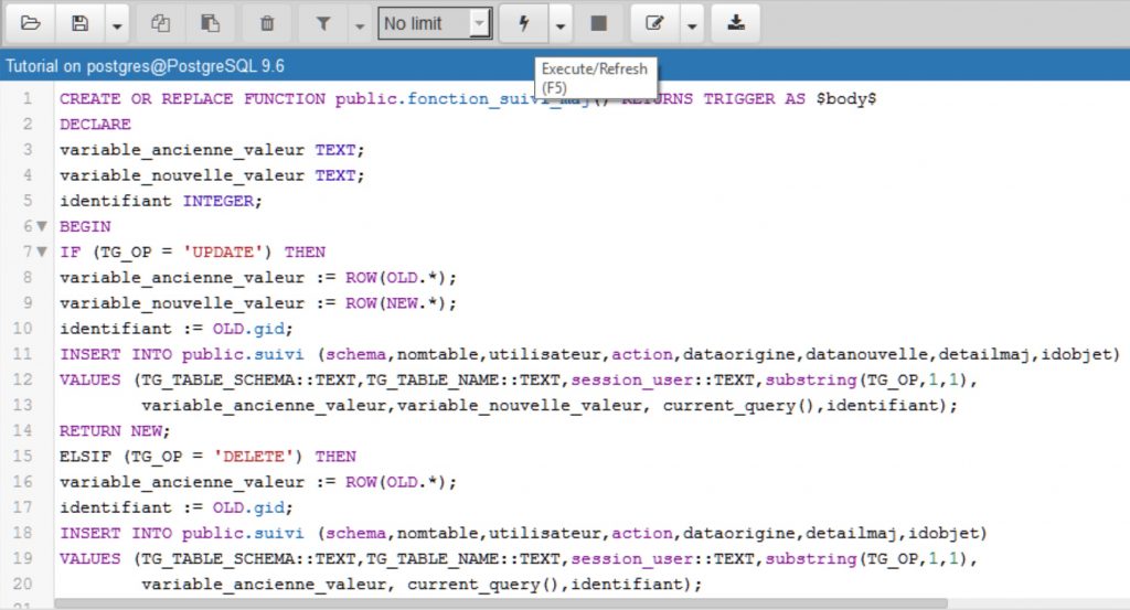 Tutoriel Impulsmap Trigger Suivi Mises à Jour Postgresql Postgis Create Trigger Function